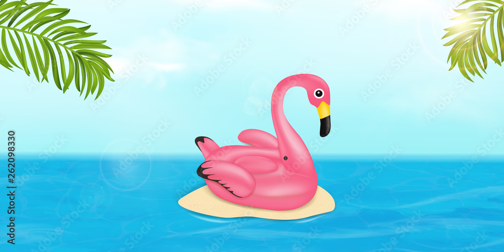 Summer vector banner design concept with pink Flamingo pool float ...