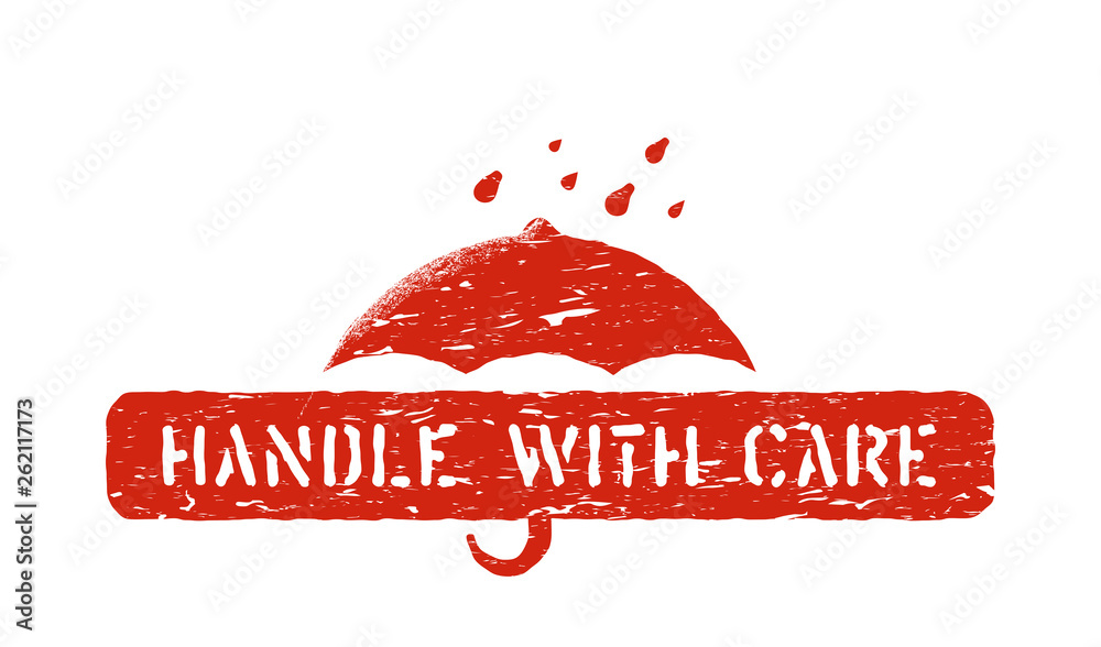 Inky red Handle with care box sign isolated for logistics, deivery and ...