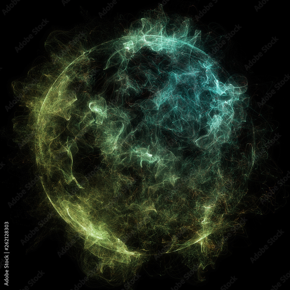 Abstract particles background with corrupted point sphere. Sun Solar ...