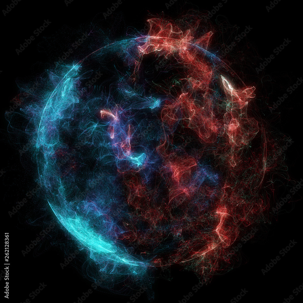 Abstract particles background with corrupted point sphere. Sun Solar ...