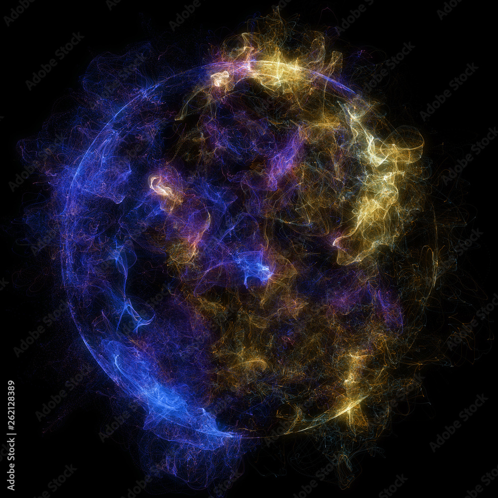 Abstract particles background with corrupted point sphere. Sun Solar ...