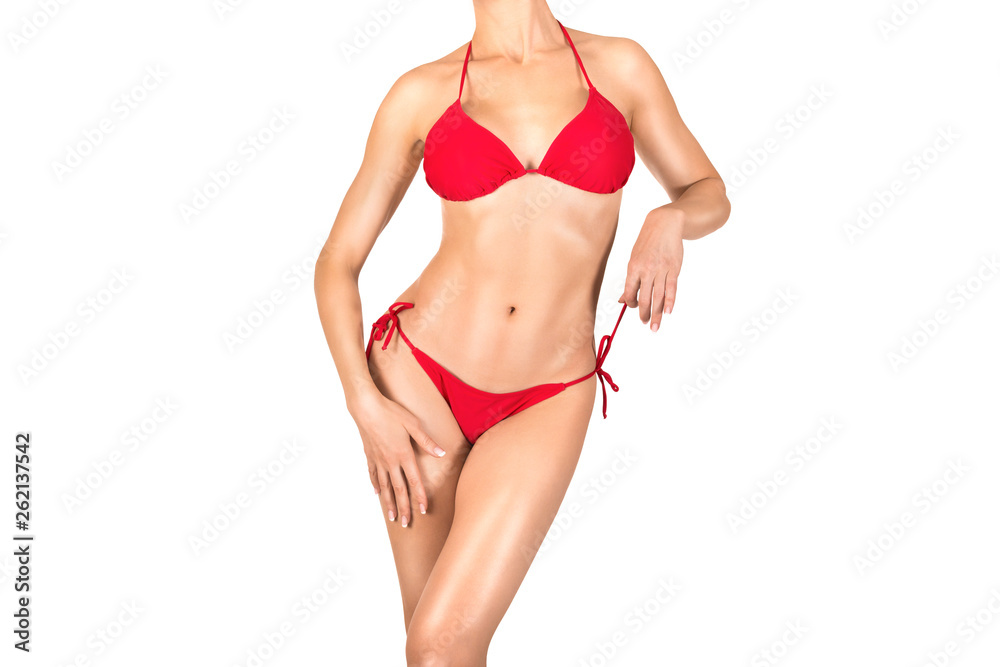 Sexy Fit Tanned Female Body In Red Bikini Isolated On White Woman Puts Her Hands On Hips Foto