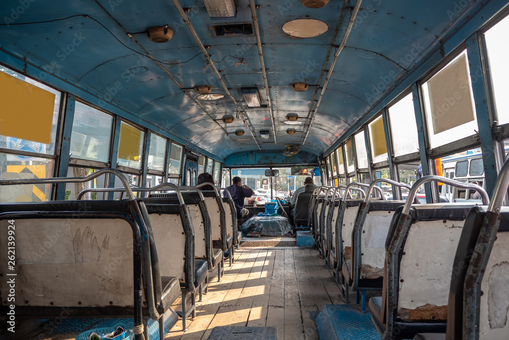 Inside of asian bus with empty old seats Stock Photo | Adobe Stock