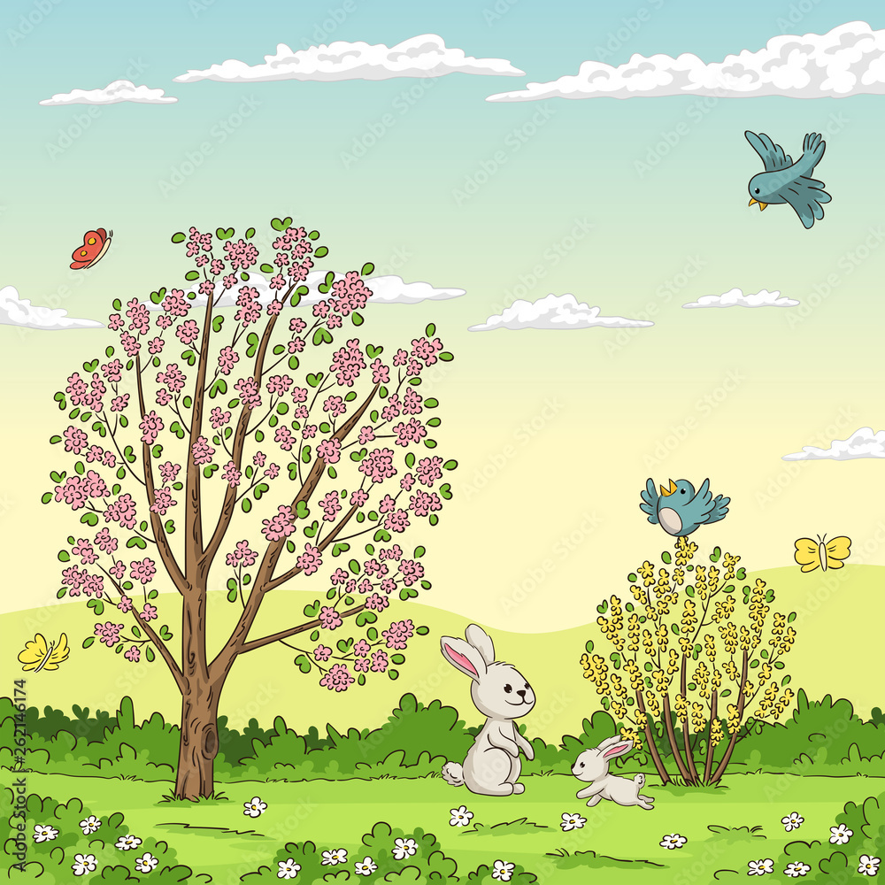 Spring landscape with rabbits. Hand draw vector illustration. Stock ...