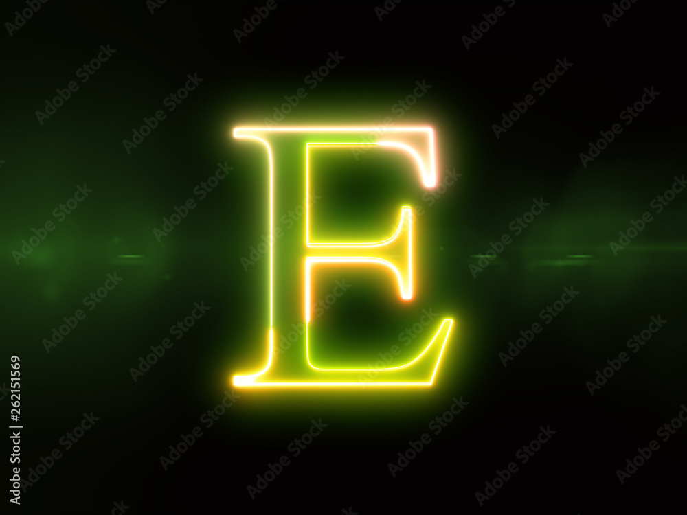 Letter E - green glowing outline alphabet symbol on green lens flare ...