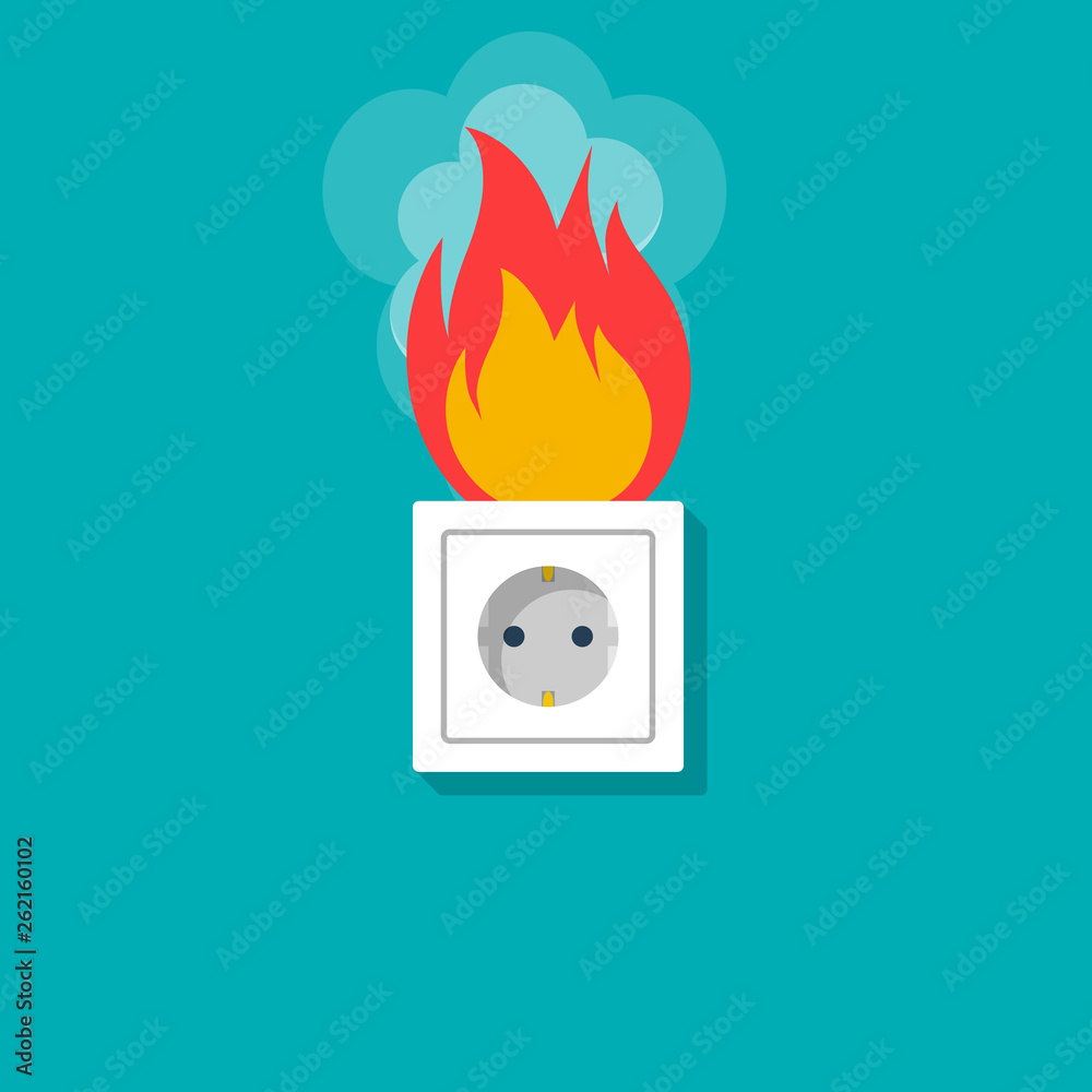 Socket in fire. Electric circuit broken. Vector illustration flat ...