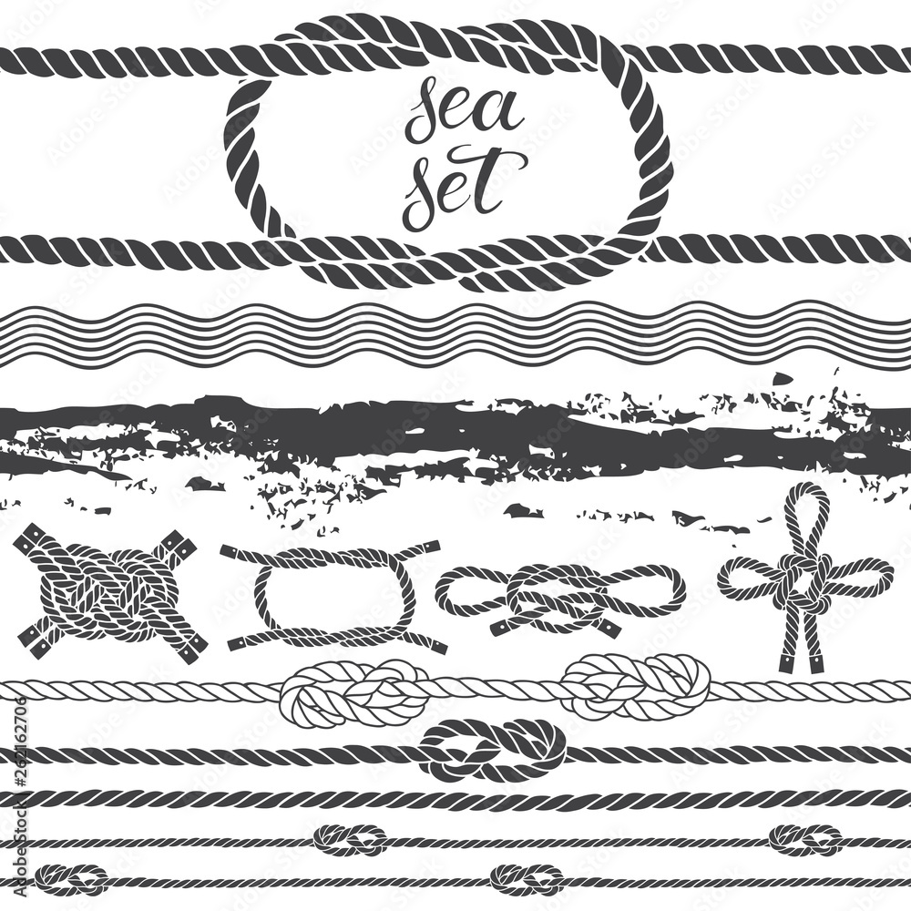 Sea set of marine rope, knots, waves and sea texture. Vector isolated ...