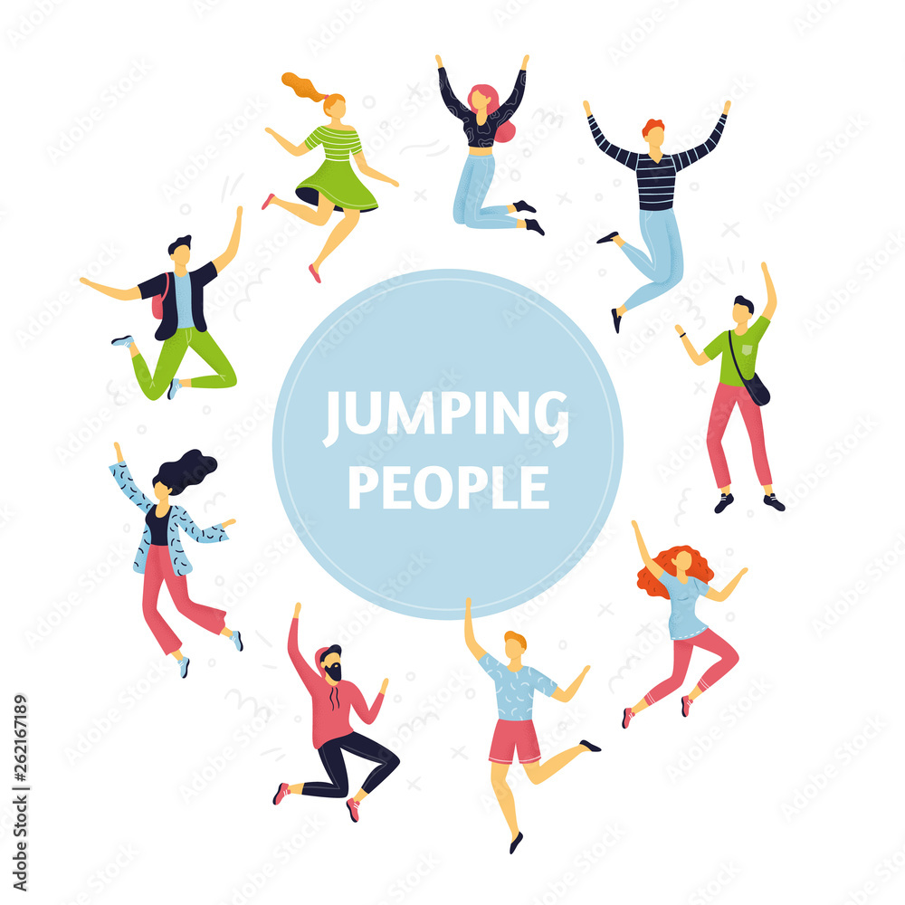 Set of happy jumping people in different poses. Collection of cartoon ...