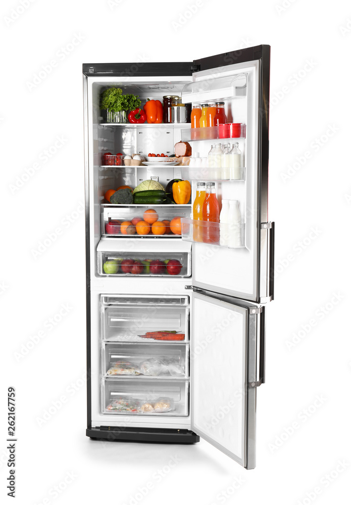 Big modern fridge with fresh products on white background Stock Photo ...