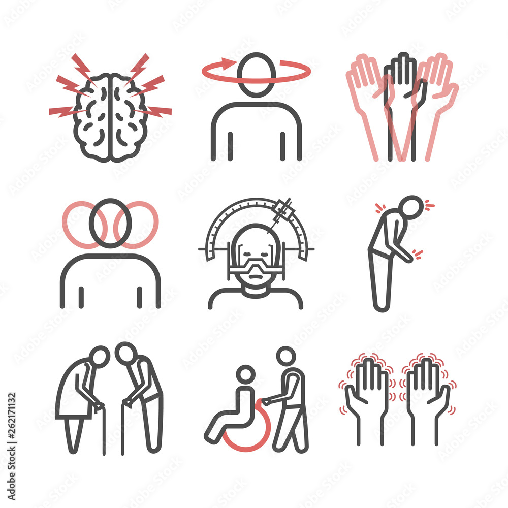 Parkinson's disease. Symptoms, Treatment. Line icons set. Vector signs ...