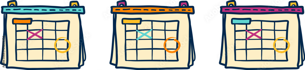 Doodle Calendar icon set. Hand drawn Cartoon set of calendar icons for ...