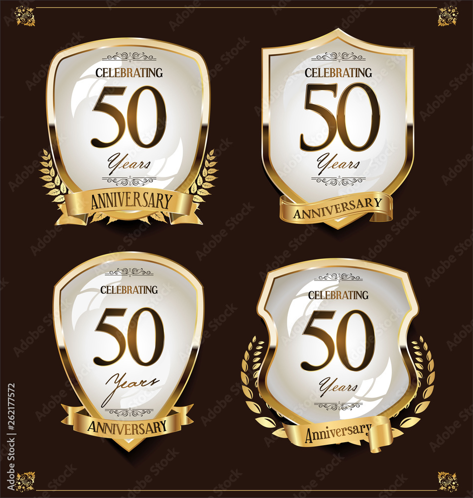 Vetor de Golden shield and laurel wreath anniversary retro design 50 ...
