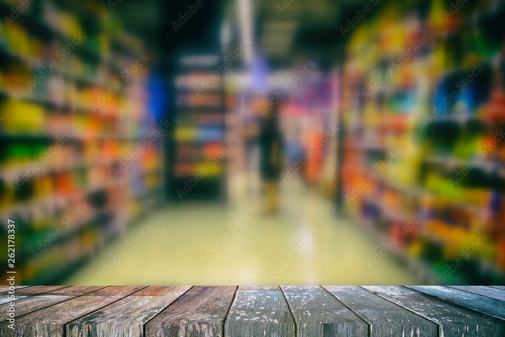 Empty Wooden Table with Blurred Supermarket Background for Business ...