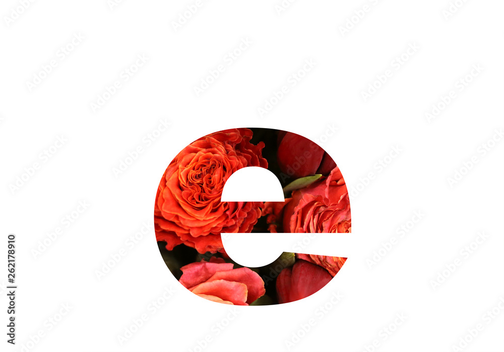 Floral font letter E from a real red-orange rose for bright design ...