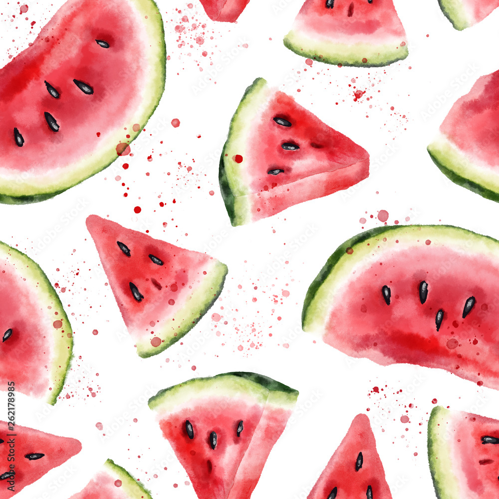 Watercolor seamless pattern with slices of watermelon. Hand drawn ...