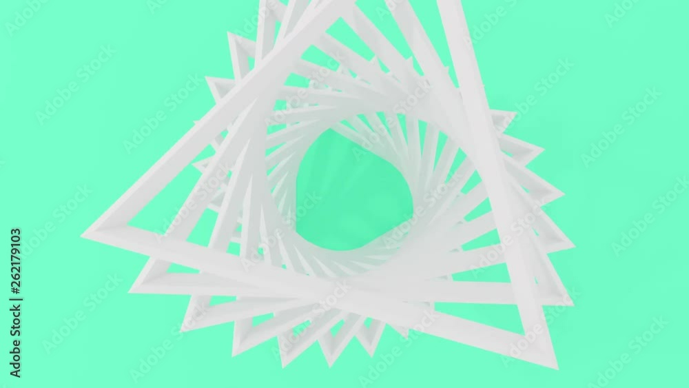 3D animation computer render of white triangle flying up and twist ...