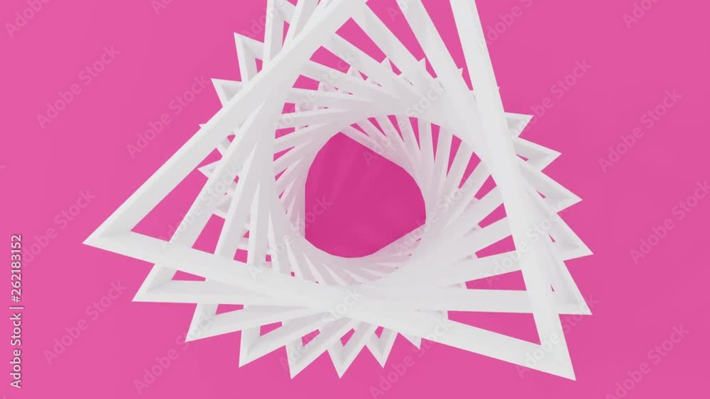 3D animation computer render of white triangle flying up and twist ...