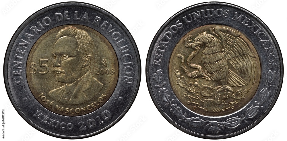 Mexico Mexican bimetallic coin 5 five pesos 2008, subject Centenary of ...