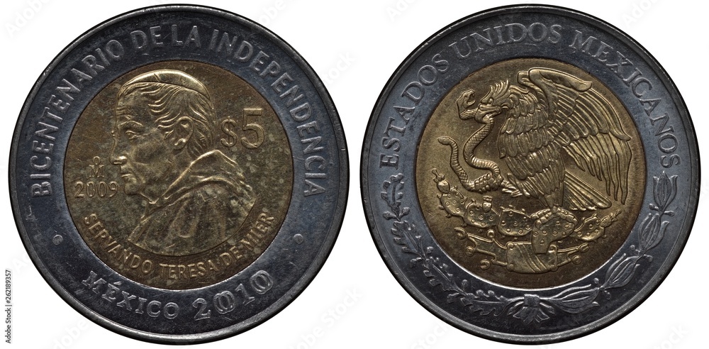 Mexico Mexican bimetallic coin 5 five pesos 2009, subject Bicentenary ...