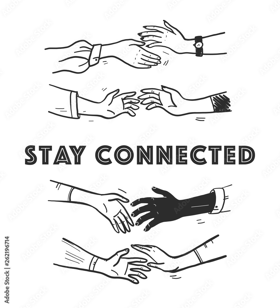 Vector illustration set of hand drawn sketch human hands touching ...