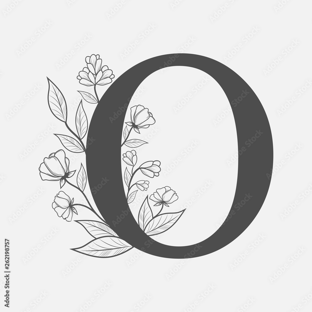 Uppercase Letter O with flowers and branches. Vector flowered monogram ...