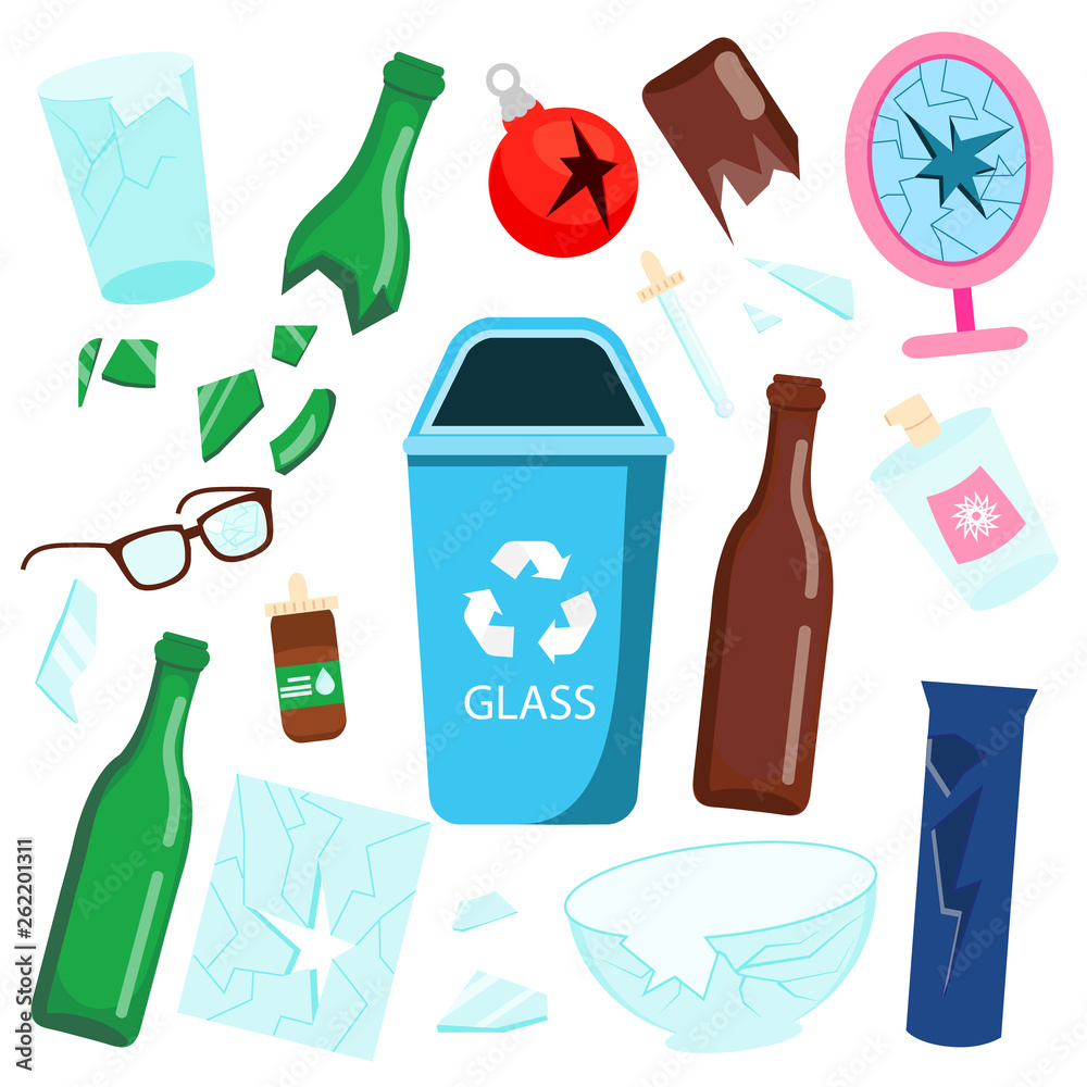Waste sorting. Glass garbage. Bottles, mirror and other trash icons ...