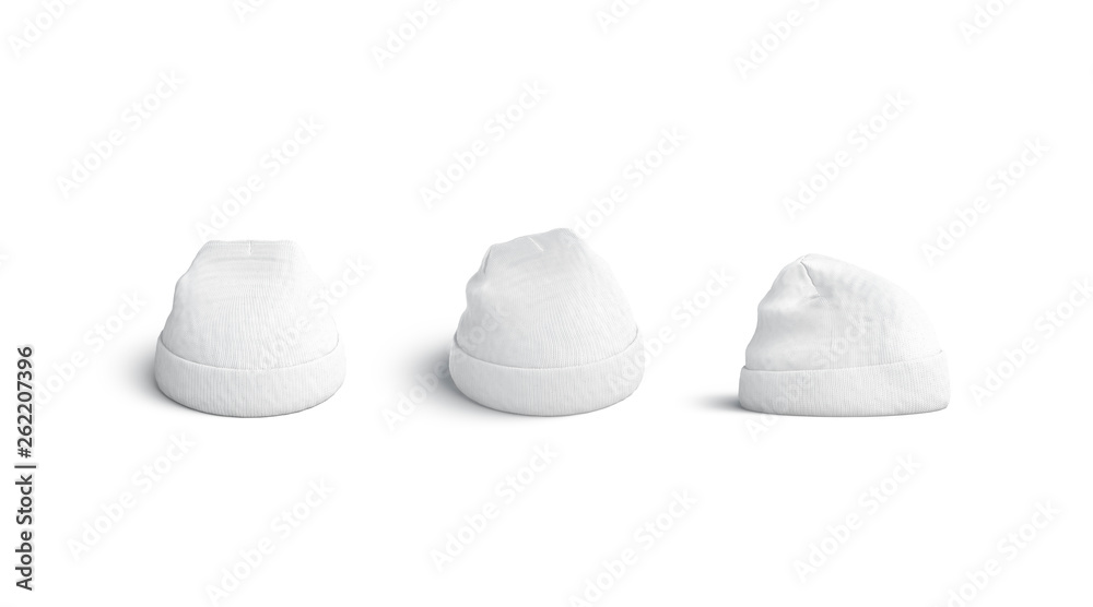 White beanie mock up set, side front and back view, isolated, 3d ...