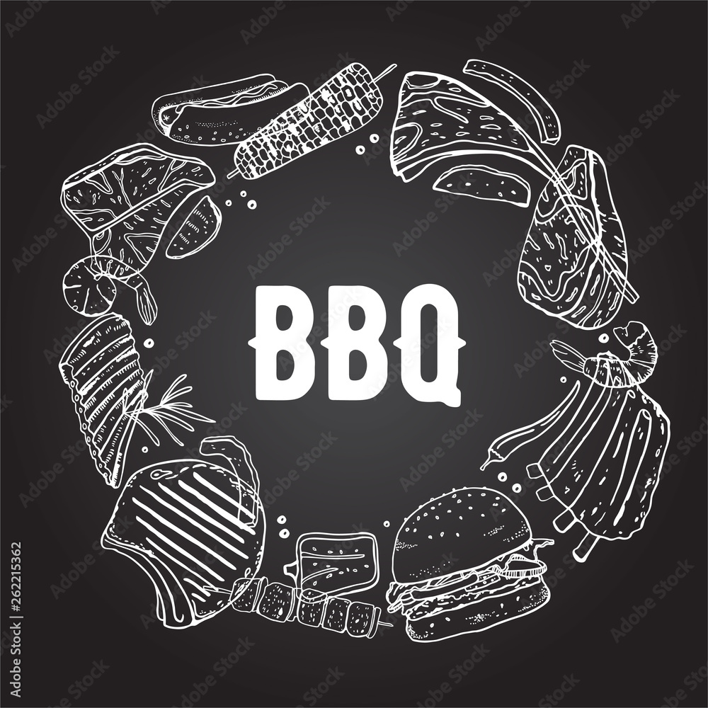Round frame with grill and barbecue food. Menu cover design template ...