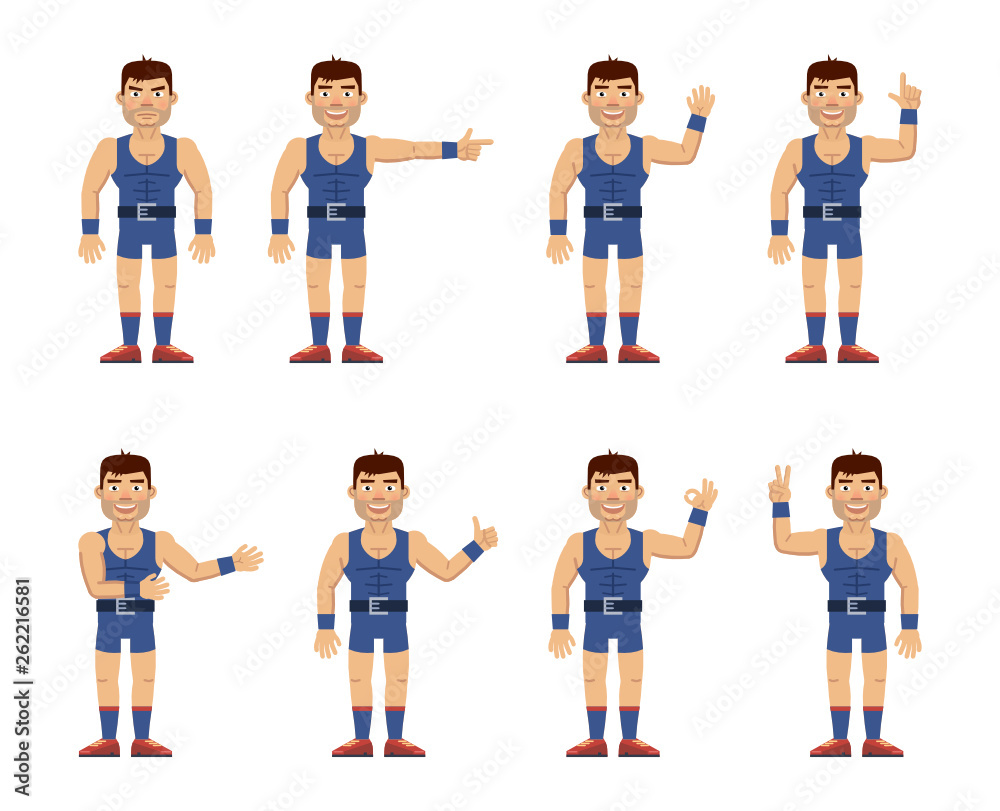 Set of strongman characters showing different hand gestures. Cheerful ...
