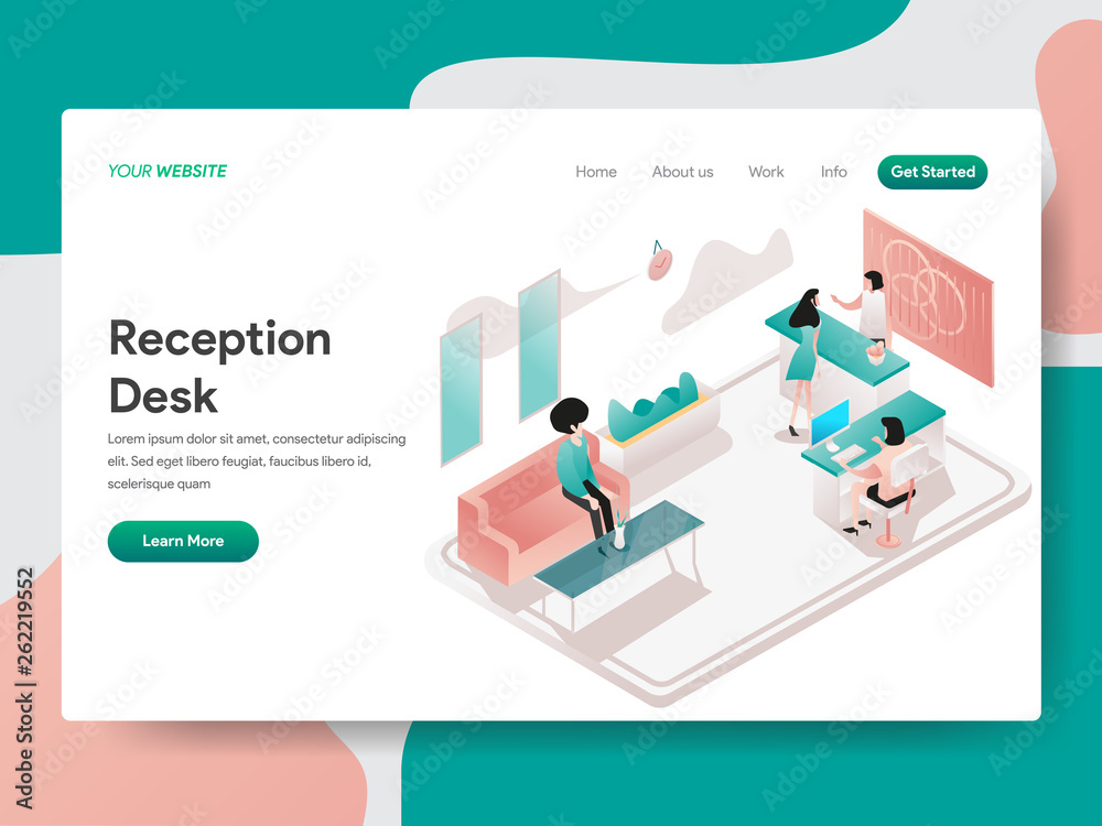 Landing page template of Reception Desk Illustration Concept. Isometric ...