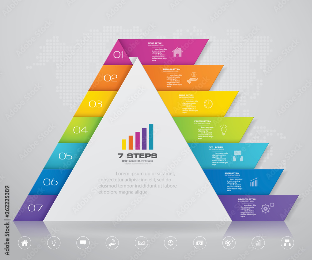 7 steps pyramid with free space for text on each level. infographics ...
