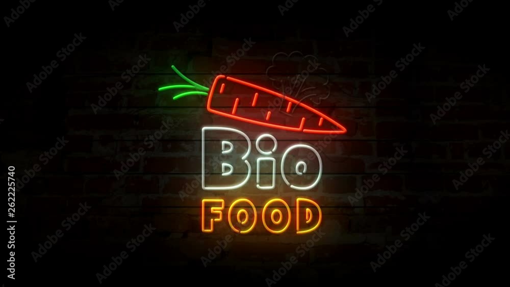 Bio food neon symbol on brick wall. Light bulbs with vegetarian ...