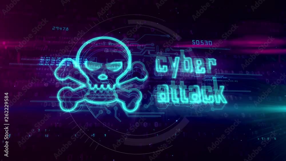 Cyber attack hologram on digital background. Danger alert, threat, infection and warning ...
