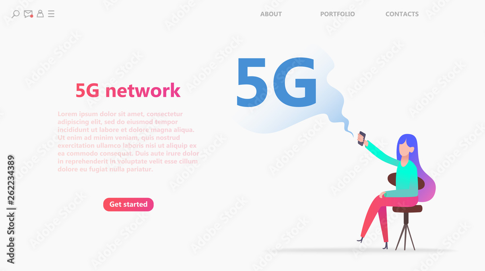 5G network concept. Cartoon character uses fast mobile internet lte ...