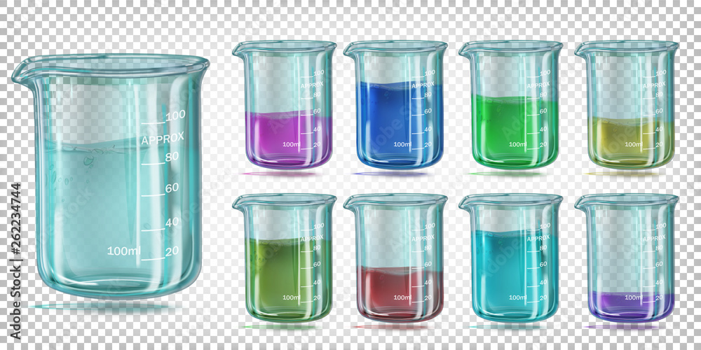 Set glass chemical beaker with colored liquid. Vector images isolated ...