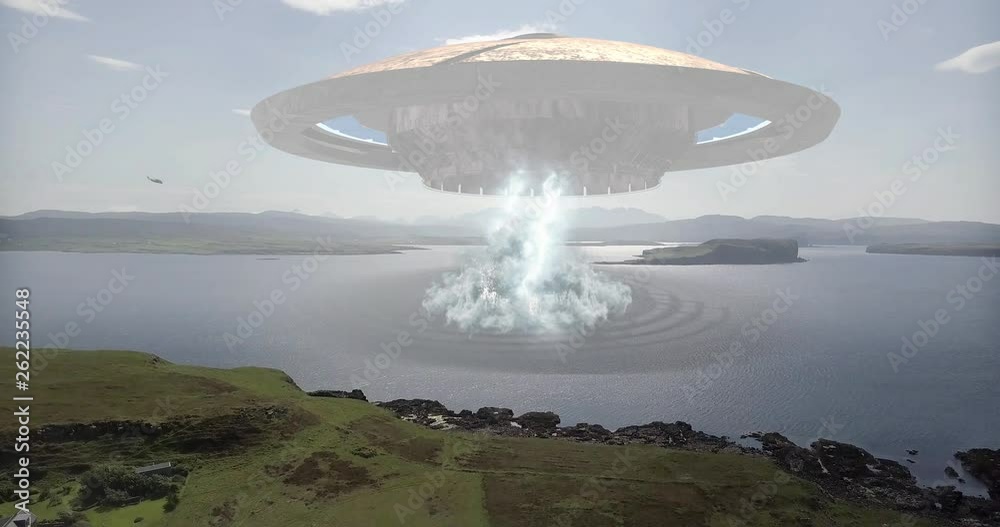 Vidéo Stock Alien Spaceship Hovering over sea sendig beam of laser ...