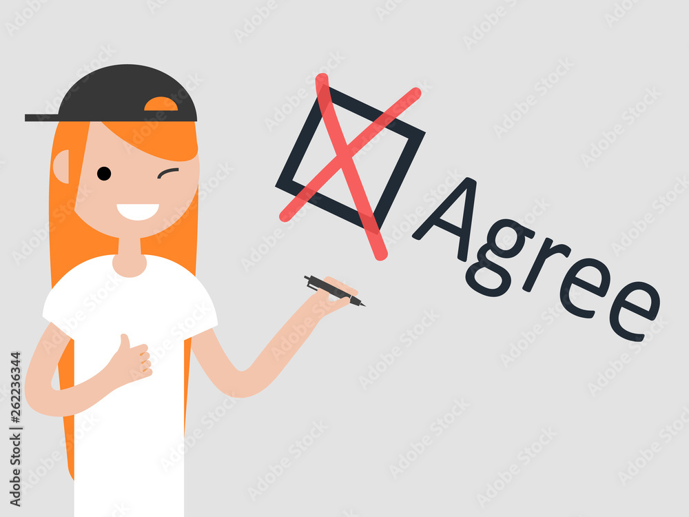 Agree.Young character with pen shows checkbox with a cross on grey ...