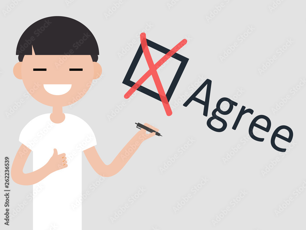 Agree.Young character with pen shows checkbox with a cross on grey ...