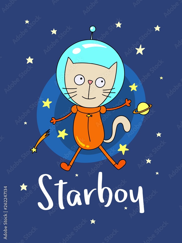 Starboy cat in the open space with stars, planets and comets. Vector ...