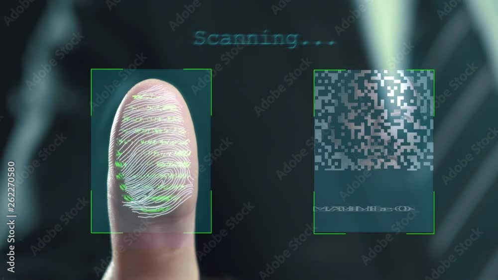Futuristic digital processing of fingerprints as man holds his hand ...