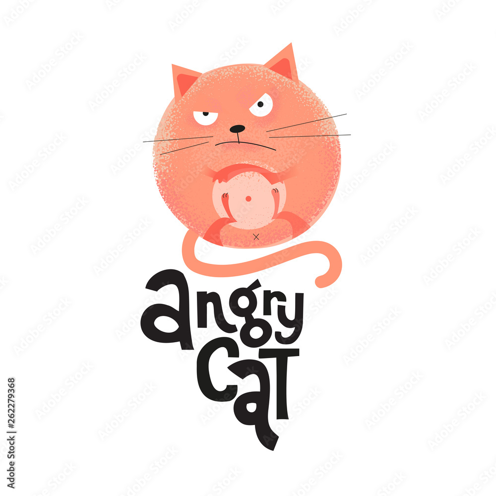 A round angry red cat is lying on its back with its paw crossed. Unique ...