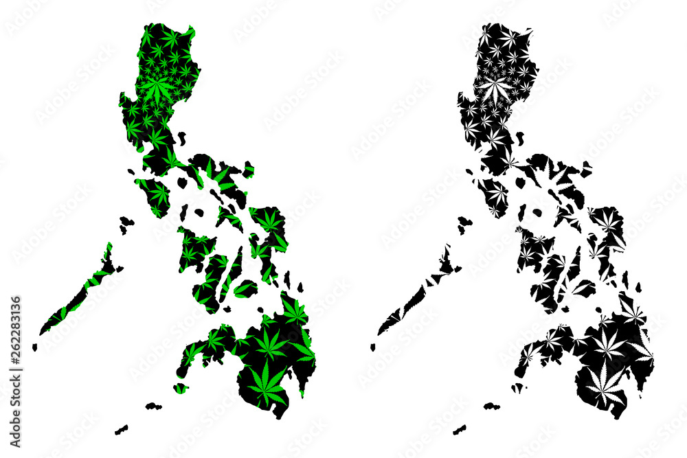 Philippines - map is designed cannabis leaf green and black, Republic ...