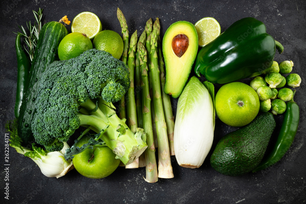 Variety green vegetables and fruits. Healthy food vegetables and fruits ...