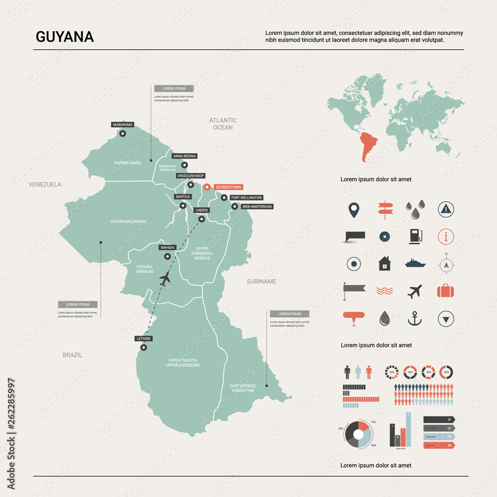 Vector map of Guyana. High detailed country map with division, cities ...