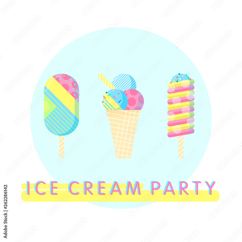 Vettoriale Stock Ice cream party poster.Colorful ice cream set perfect ...
