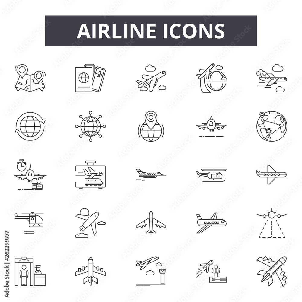 Airline line icons, signs set, vector. Airline outline concept ...
