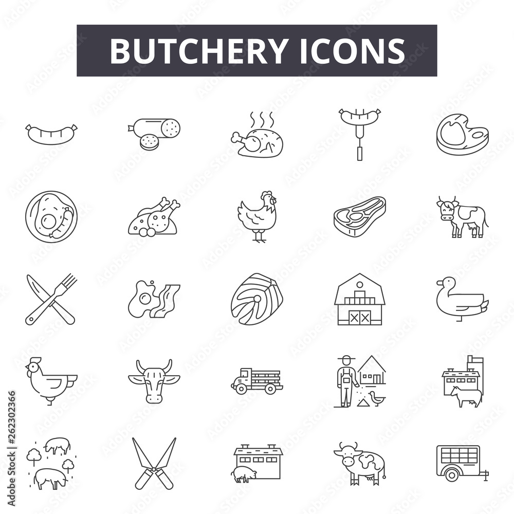 Butchery line icons, signs set, vector. Butchery outline concept ...