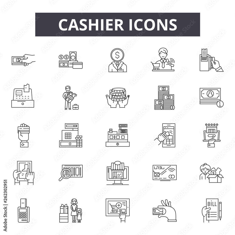 Cashier line icons, signs set, vector. Cashier outline concept ...