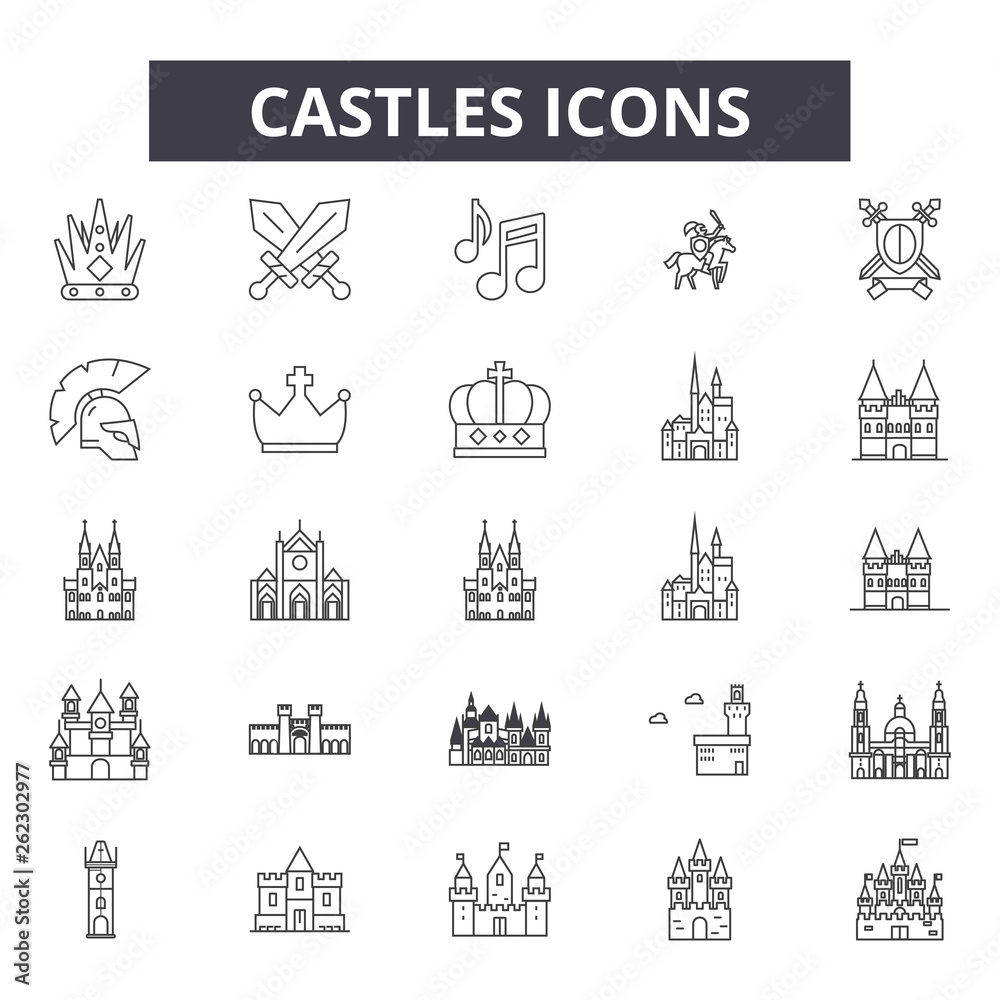 Castles line icons, signs set, vector. Castles outline concept ...
