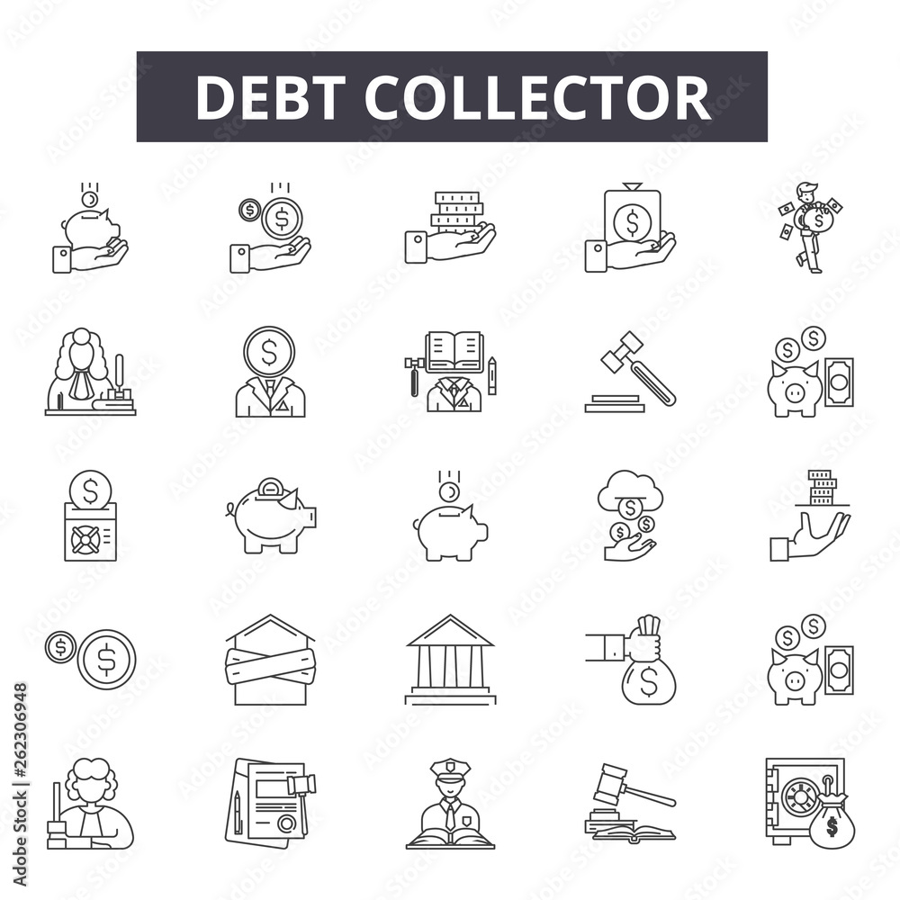 Debt collector line icons, signs set, vector. Debt collector outline ...